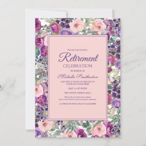 Blush Pink Purple Floral Retirement Party Invitation | Zazzle