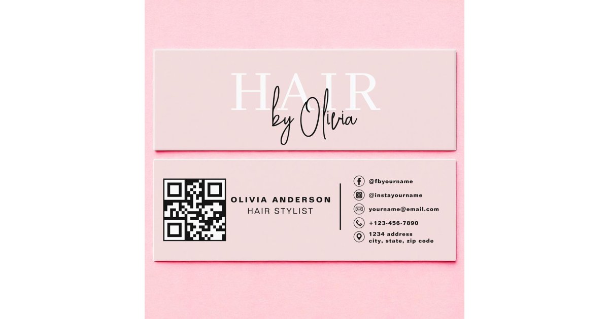 Blush Pink QR Code Hair Stylist Modern Typography Mini Business Card ...