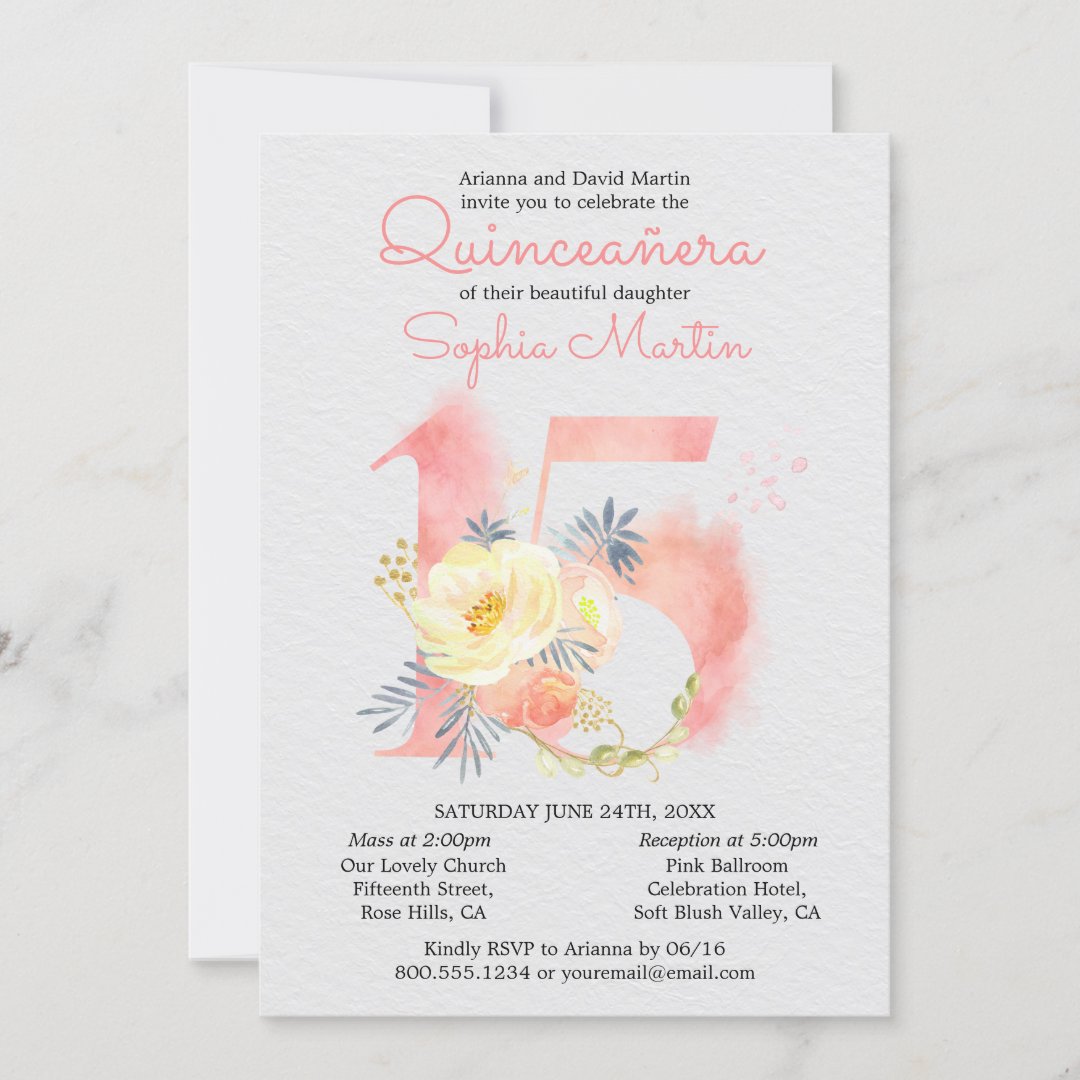 Blush Pink Quinceanera and Mass Floral Number 15 Invitation | Zazzle