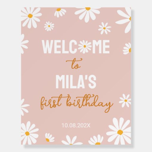 Blush Pink Retro Daisy Birthday Welcome Sign | Zazzle
