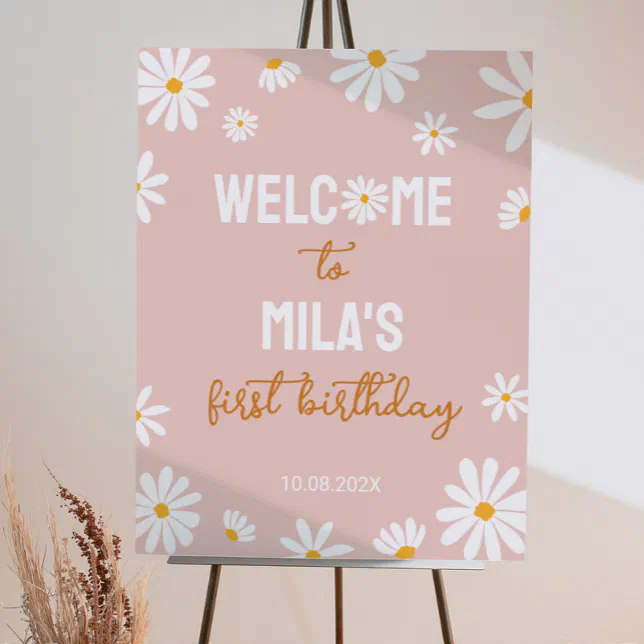 Blush Pink Retro Daisy Birthday Welcome Sign | Zazzle