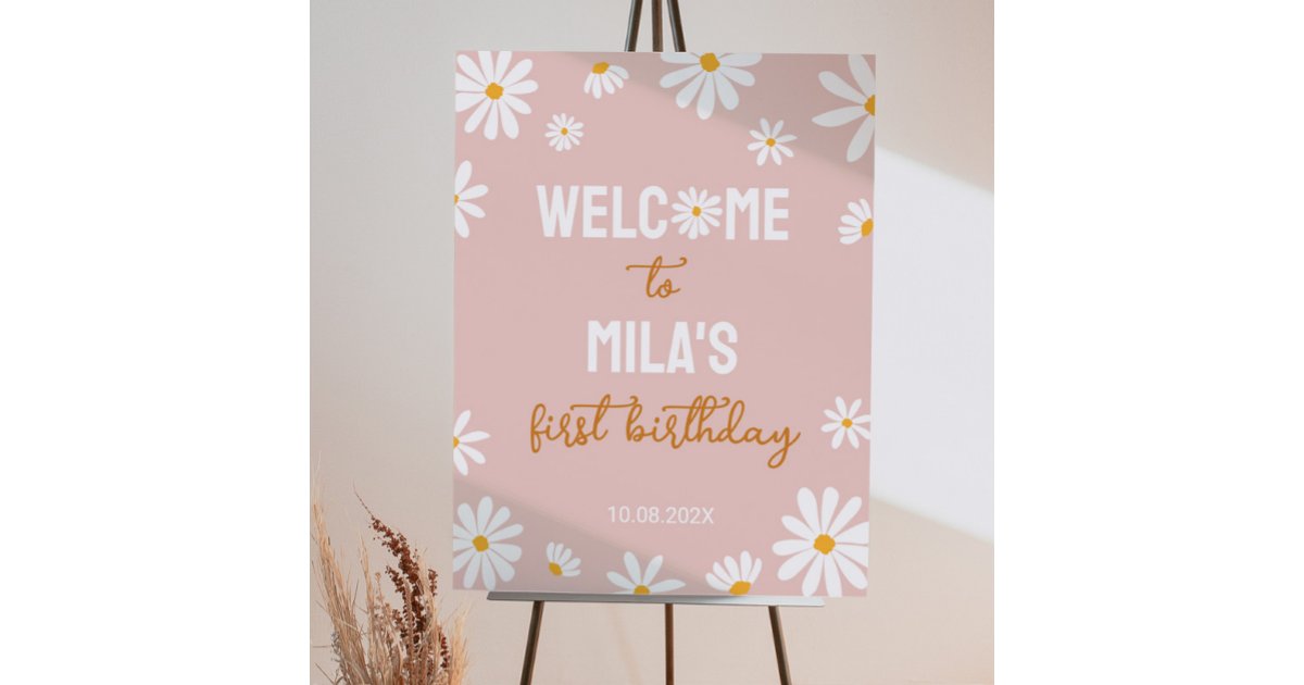 Blush Pink Retro Daisy Birthday Welcome Sign | Zazzle