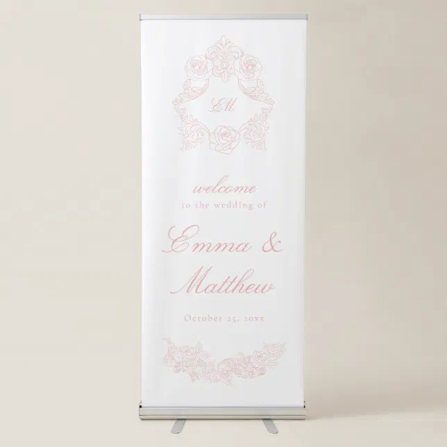 Blush Pink Rococo Ornament Wedding Welcome Retractable Banner | Zazzle