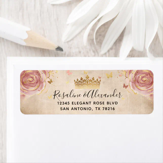 Blush Pink Rose and Gold Floral Return Address Label | Zazzle