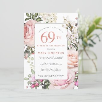 Blush Pink Rose Floral 69th Birthday Party Invitation | Zazzle