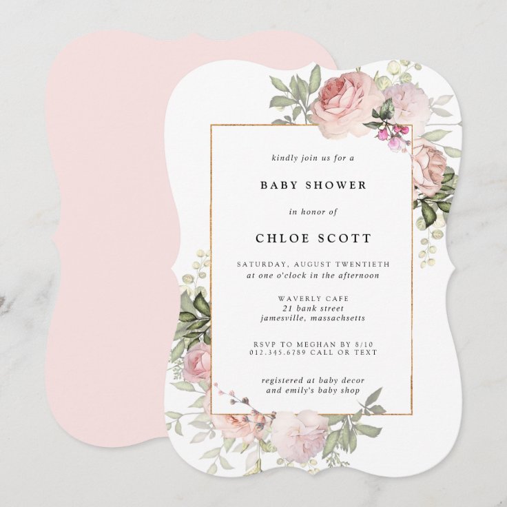 Blush Pink Rose Floral Baby Shower Invitation | Zazzle