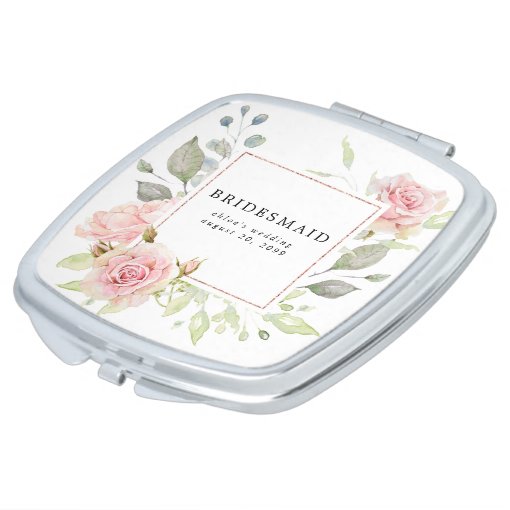 Blush Pink Rose Floral Bridesmaid Wedding Compact Mirror | Zazzle