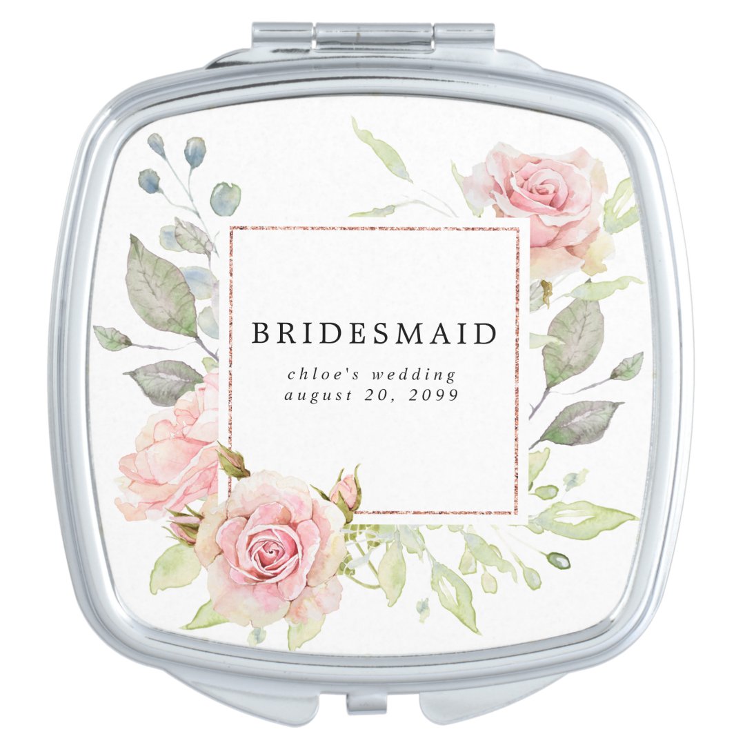 Blush Pink Rose Floral Bridesmaid Wedding Compact Mirror | Zazzle