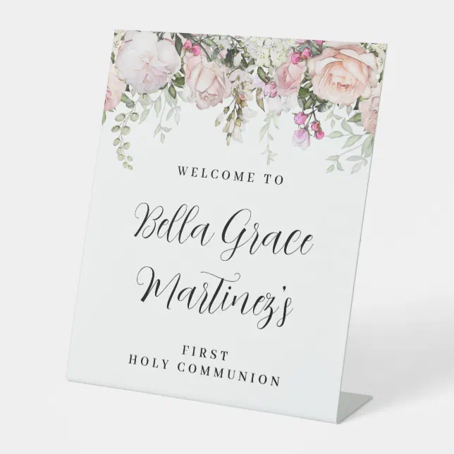 Blush Pink Rose Floral First Communion Welcome Pedestal Sign | Zazzle