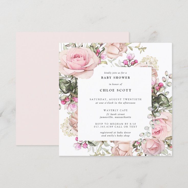 Blush Pink Rose Floral Girl Baby Shower Invitation | Zazzle