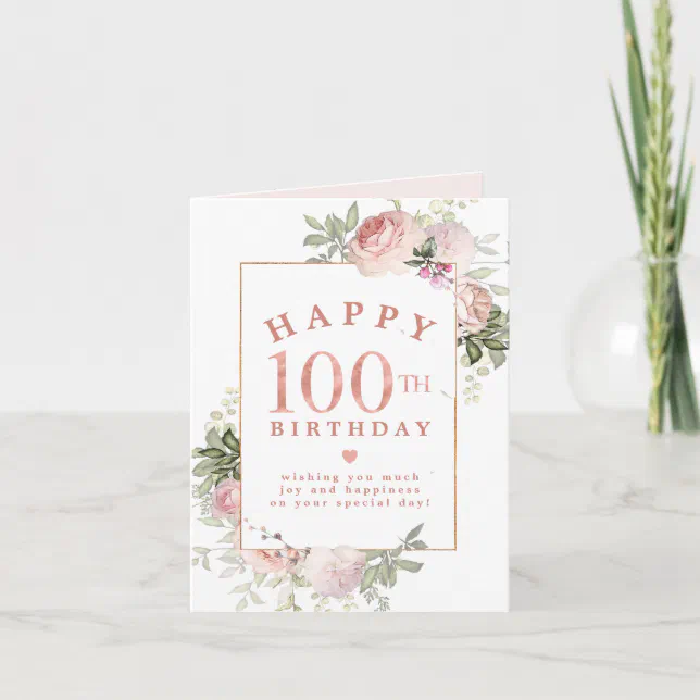 Blush Pink Rose Floral Gold 100th Birthday Card | Zazzle