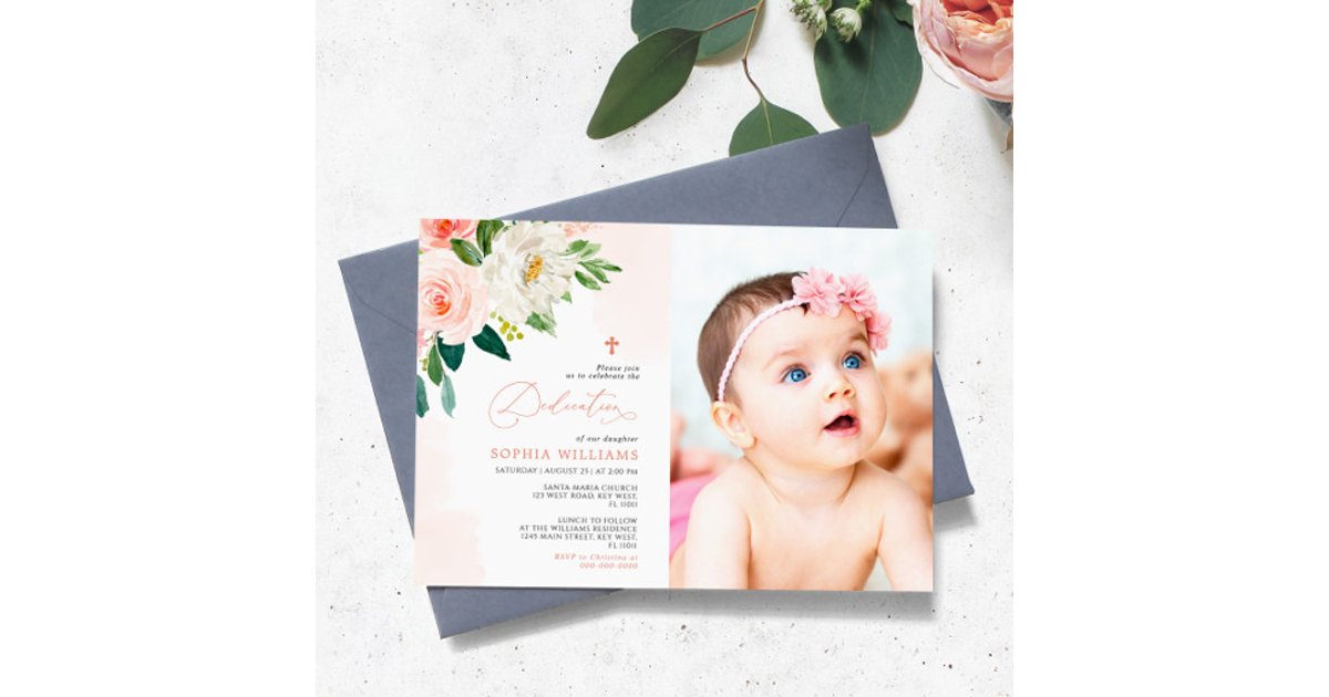 Blush Pink Rose Floral Photo Girl Dedication Invitation | Zazzle