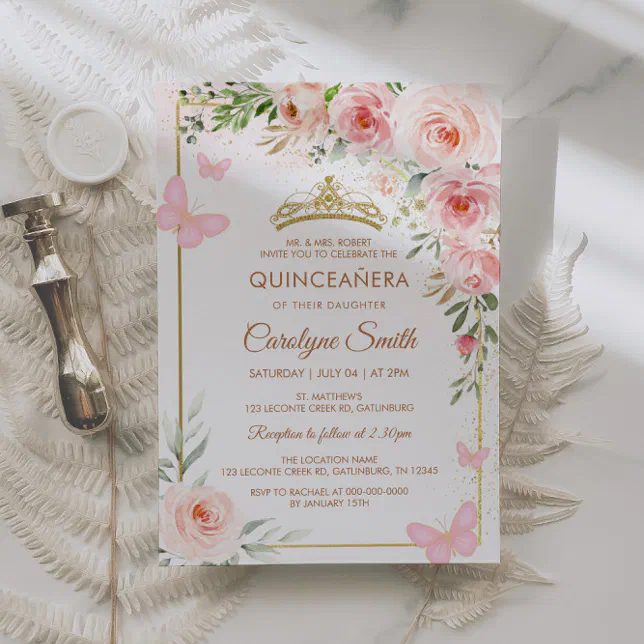 Blush Pink Rose Floral Quinceañera Butterfly Tiara Invitation | Zazzle