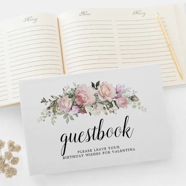 Blush Pink Rose Floral Quinceanera Guest Book | Zazzle