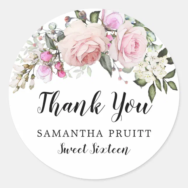 Blush Pink Rose Floral Sweet 16 Thank You Classic Round Sticker | Zazzle
