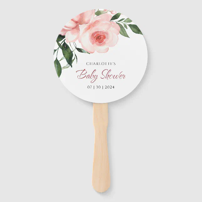 Blush Pink Rose Floral Watercolor Baby Shower Hand Fan | Zazzle