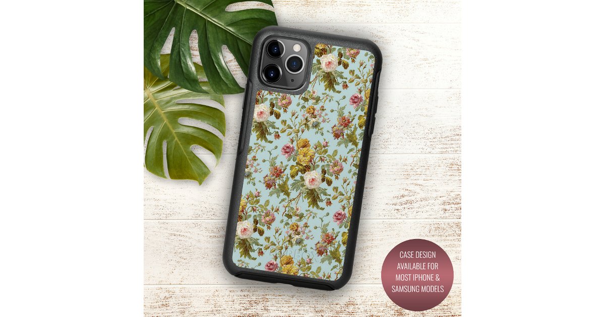 Blush Pink Rose Flower Art Pattern On Light Blue Otterbox iPhone Case ...