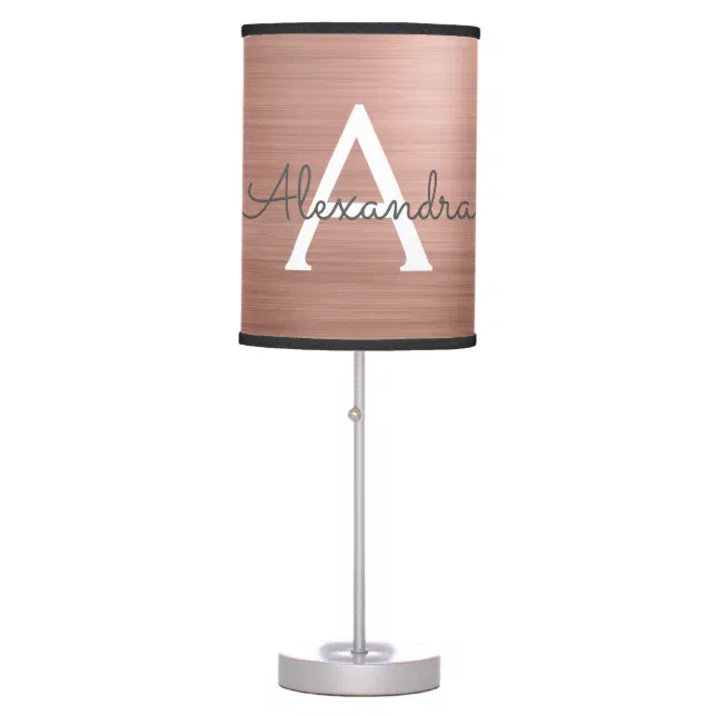 Blush Pink - Rose Gold Brushed Metal Monogram Name Table Lamp | Zazzle