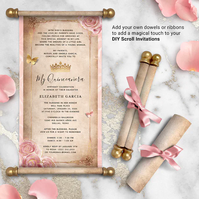 Blush Pink Rose Gold DIY Quince Scroll Invitations | Zazzle