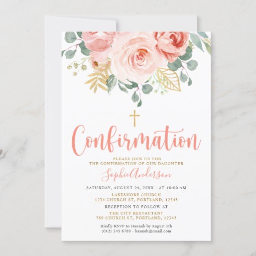 Blush Pink Rose Gold Floral Cross Confirmation Invitation | Zazzle
