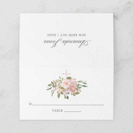 Blush Pink & Rose Gold Floral First Holy Communion Place Card | Zazzle