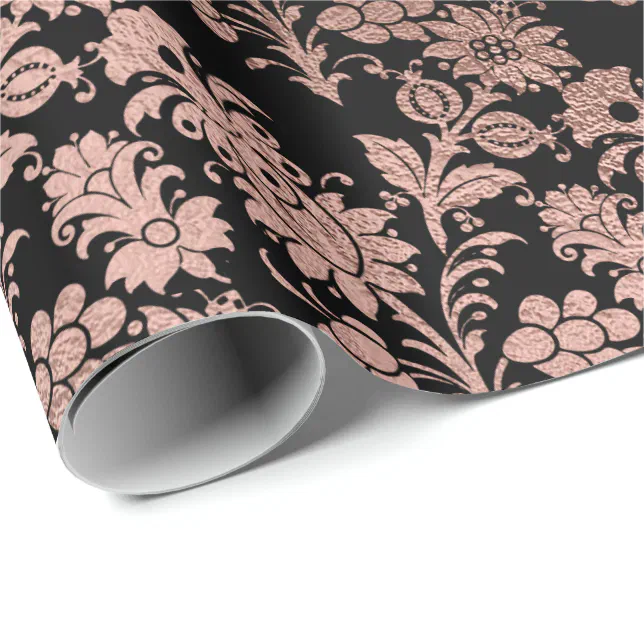 Blush Pink Rose Gold Floral Powder Black Metalliic Wrapping Paper | Zazzle