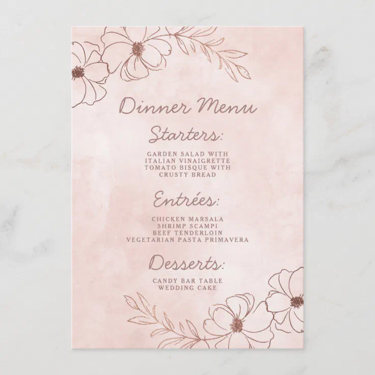 Blush Pink & Rose Gold Foil Floral Border Dinner Menu | Zazzle