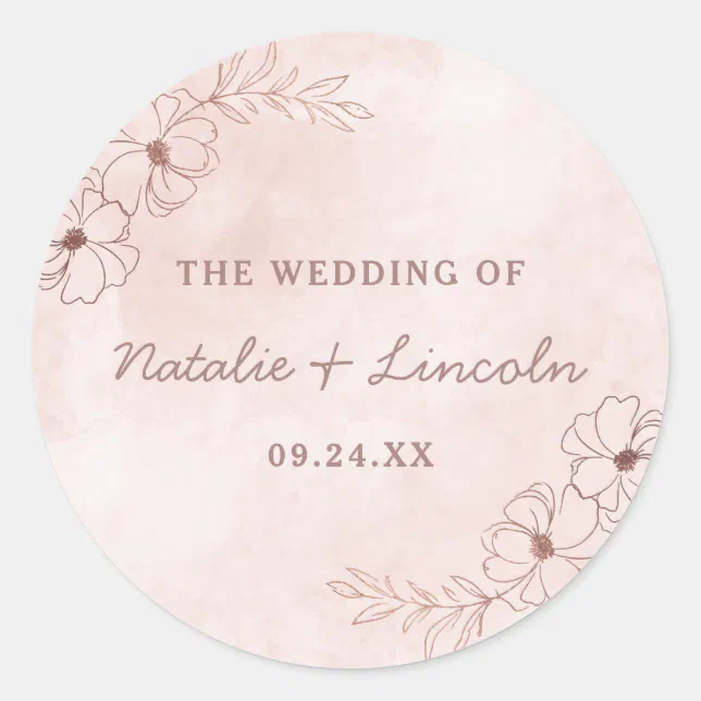 Blush Pink Rose Gold Foil Monogram Rustic Wedding Classic Round Sticker ...