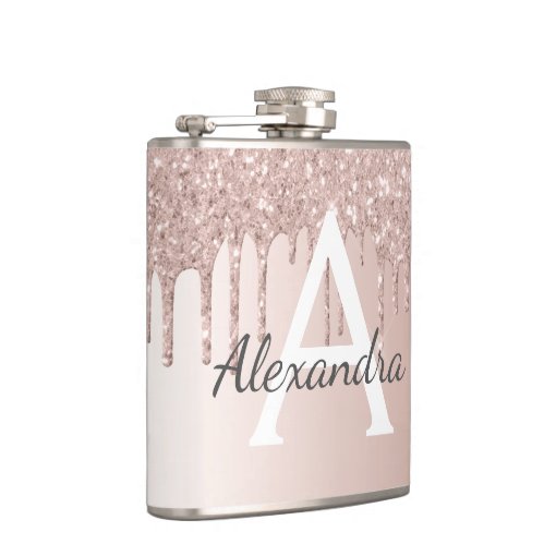 Blush Pink Rose Gold Glitter and Sparkle Monogram Flask | Zazzle