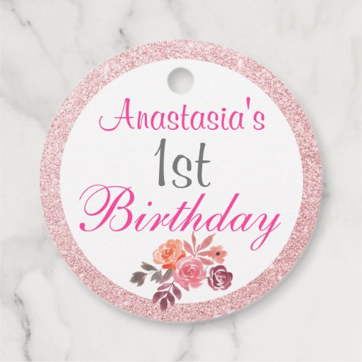 Blush Pink Rose Gold Glitter Floral 1st Birthday Favor Tags | Zazzle