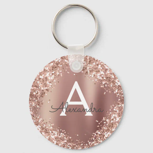 Blush Pink Rose Gold Glitter Sparkle Monogram Keychain | Zazzle