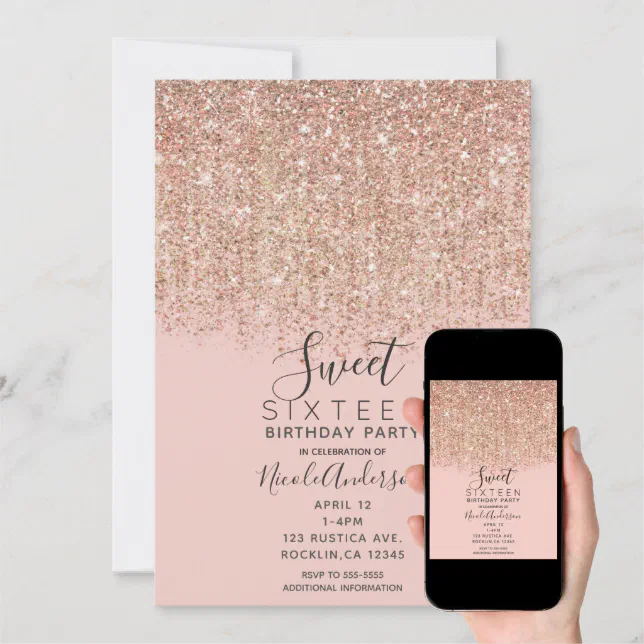 Blush Pink And Rose Gold Glitter Sweet 16 Party Invitation Zazzle