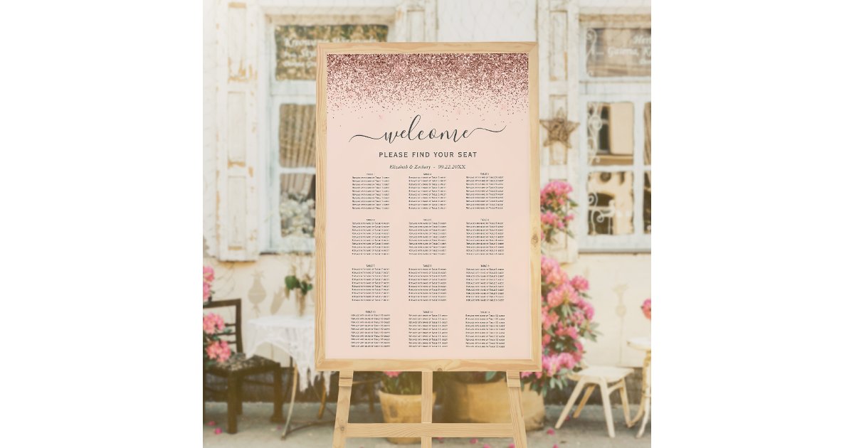 Blush Pink Rose Gold Glitter Wedding Seating Poster | Zazzle