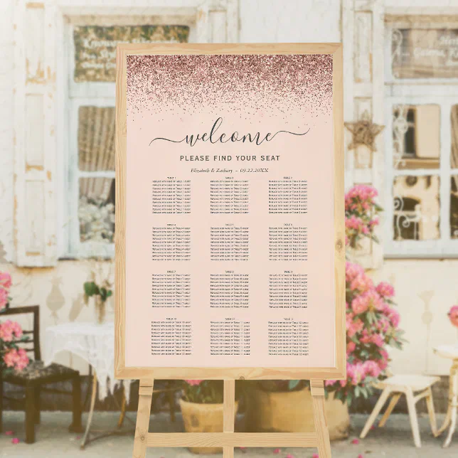 Blush Pink Rose Gold Glitter Wedding Seating Poster | Zazzle