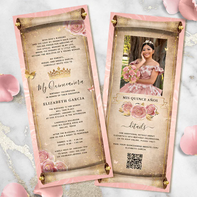 Blush Pink Rose Gold Mis Quince Photo Scroll Invitation | Zazzle