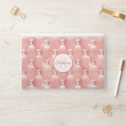 Blush Pink Rose Padded Rhinestones Monogram HP Laptop Skin | Zazzle
