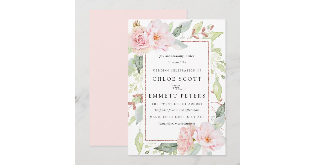 Blush Pink Rose Rustic Floral Wedding Invitation | Zazzle