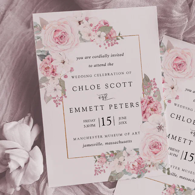 Blush Pink Rose Rustic Floral Wedding Invitation | Zazzle
