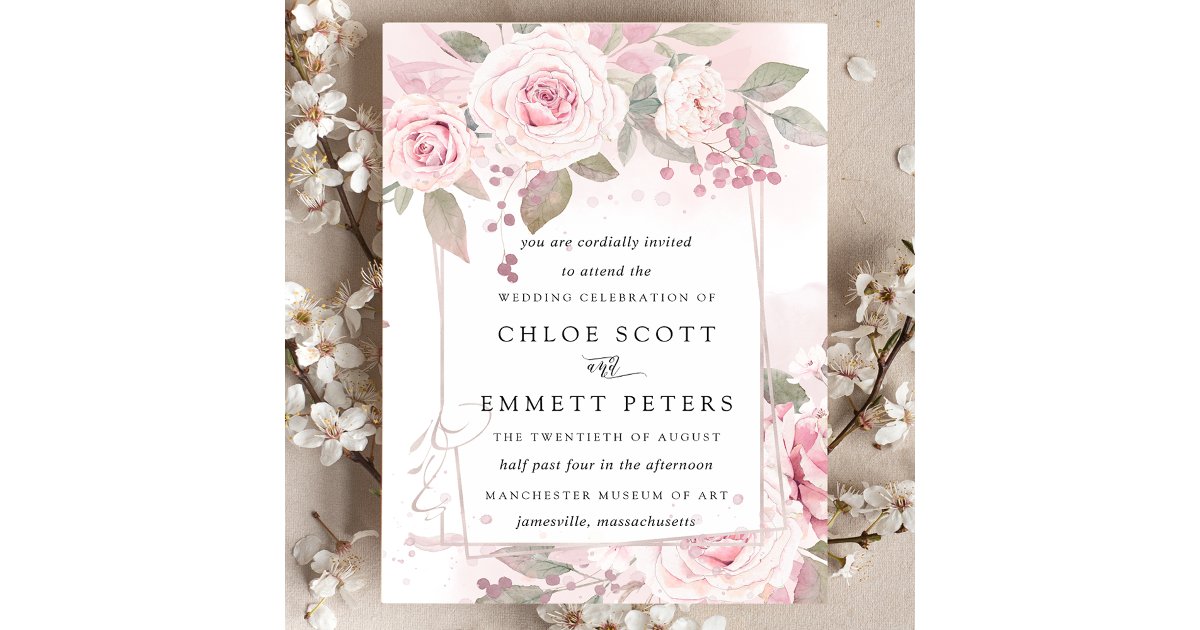 Blush Pink Rose Rustic Floral Wedding Invitation | Zazzle