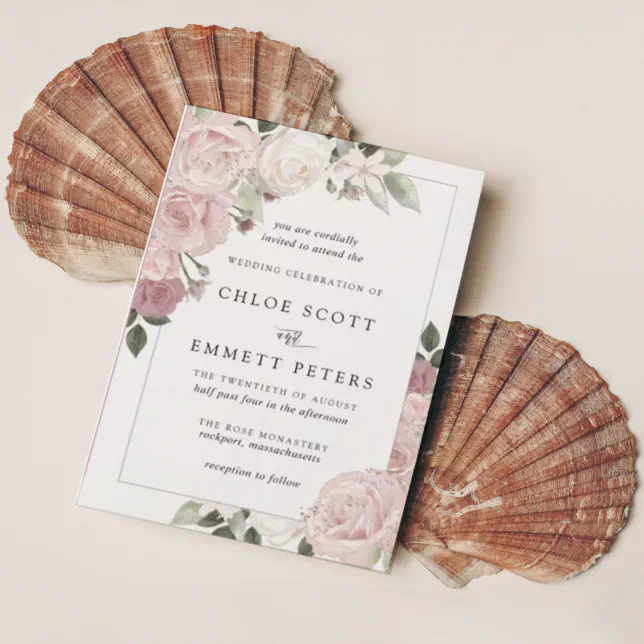 Blush Pink Rose Rustic Floral Wedding Invitation | Zazzle