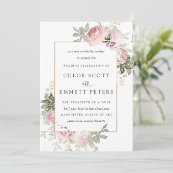 Blush Pink Rose Rustic Floral Wedding Invitation | Zazzle