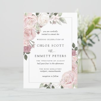 Blush Pink Rose Rustic Floral Wedding Invitation | Zazzle