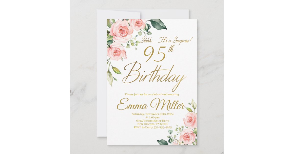 Blush Pink Roses 95th Birthday Party Invitation | Zazzle