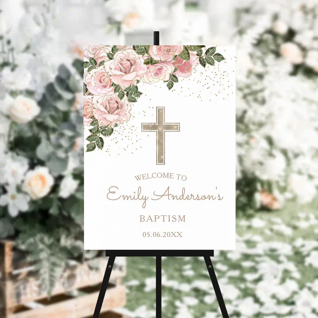 Blush Pink Roses Baptism Christening Welcome Foam Board | Zazzle