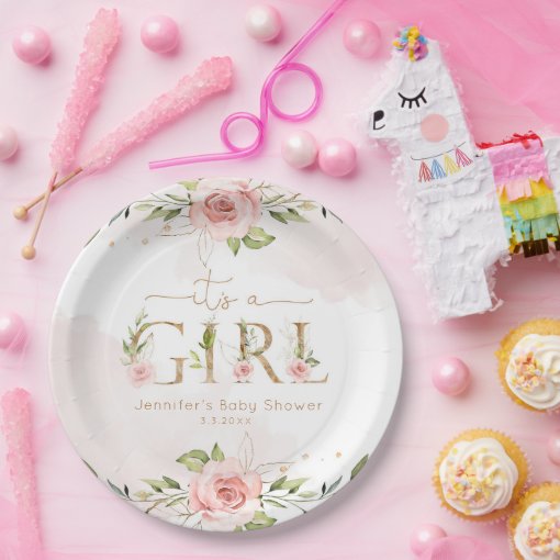 Blush pink roses girl baby shower paper plates | Zazzle
