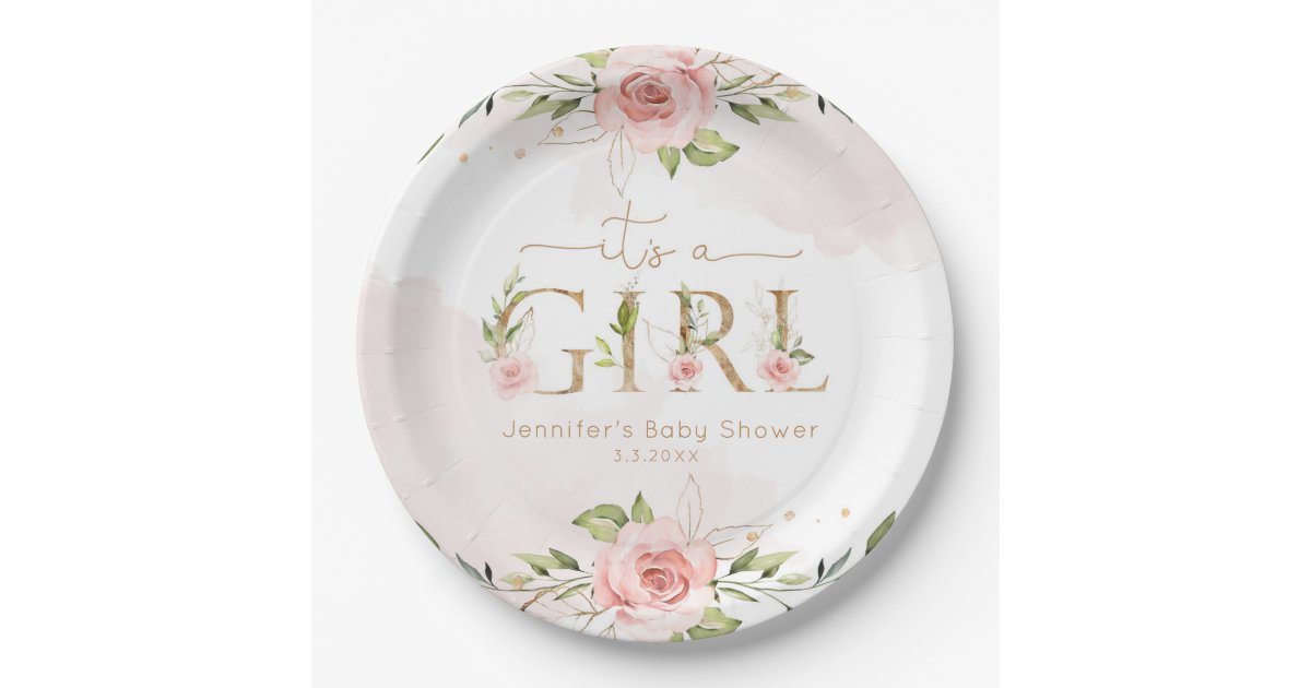 Blush pink roses girl baby shower paper plates | Zazzle