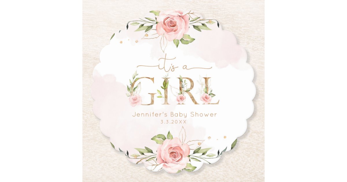 Blush pink roses its a girl baby shower paper coaster | Zazzle