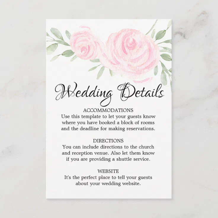 Blush Pink Roses Wedding Details Insert Card | Zazzle