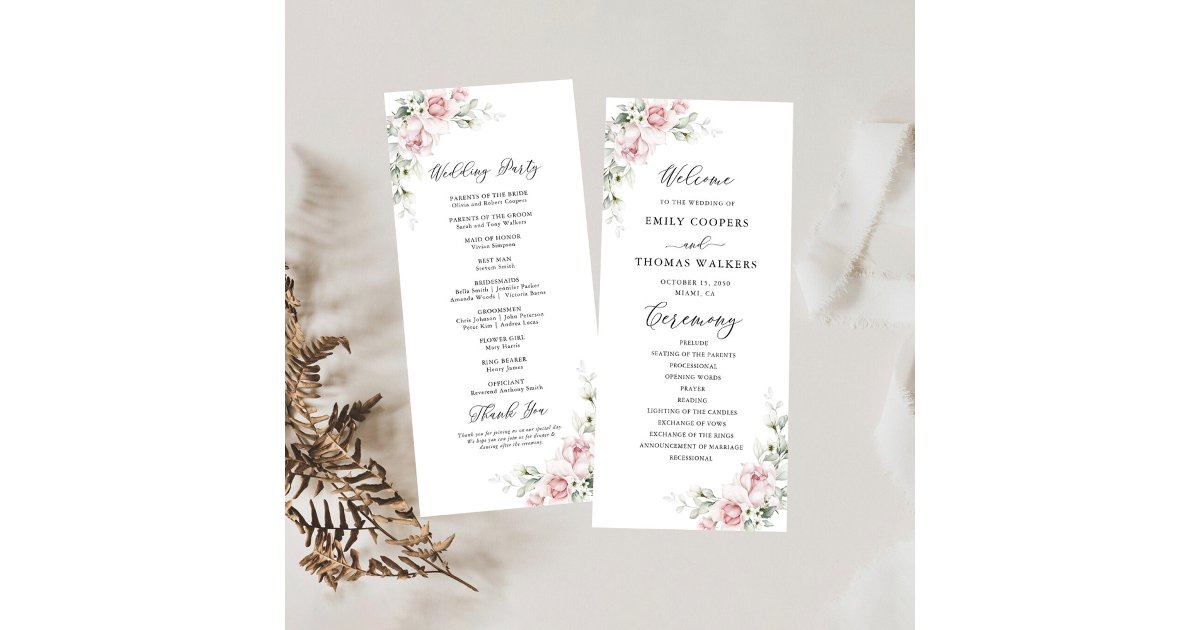Blush Pink Roses Wedding Program | Zazzle