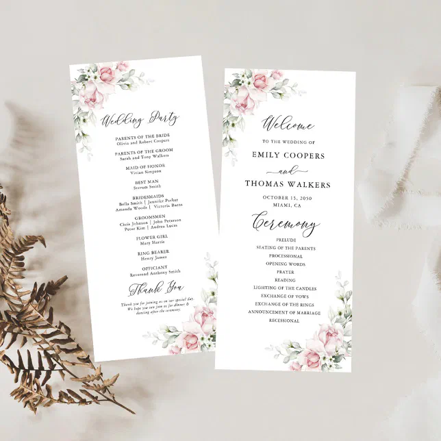 Blush Pink Roses Wedding Program | Zazzle